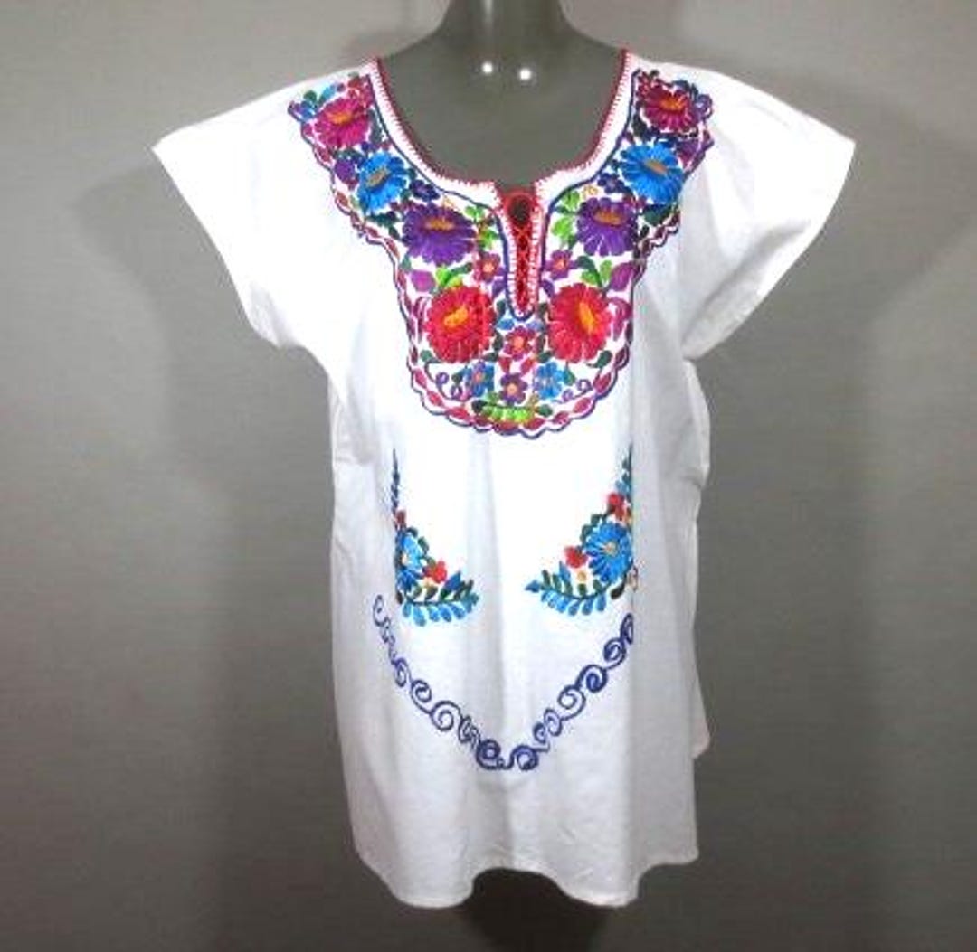 Mexican Fiesta Blouse, Hand Embroidered, Folk Blouse, Boho Hippie, 42 ...