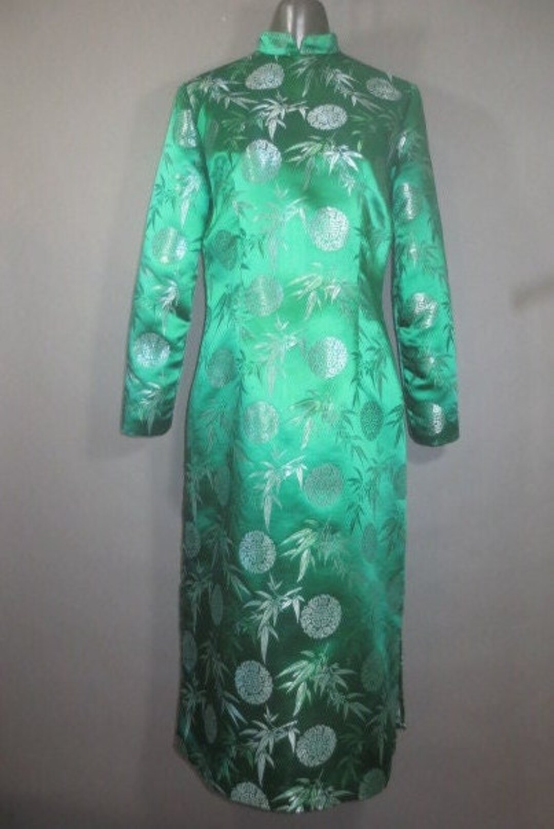 Vintage Satin Brocade Asian Style Sheath Dress, Mandarin Collar, Long ...