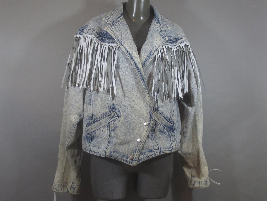 Vintage 1990's Acid Washed Denim Western Jacket, Leather Fringe, Snap ...