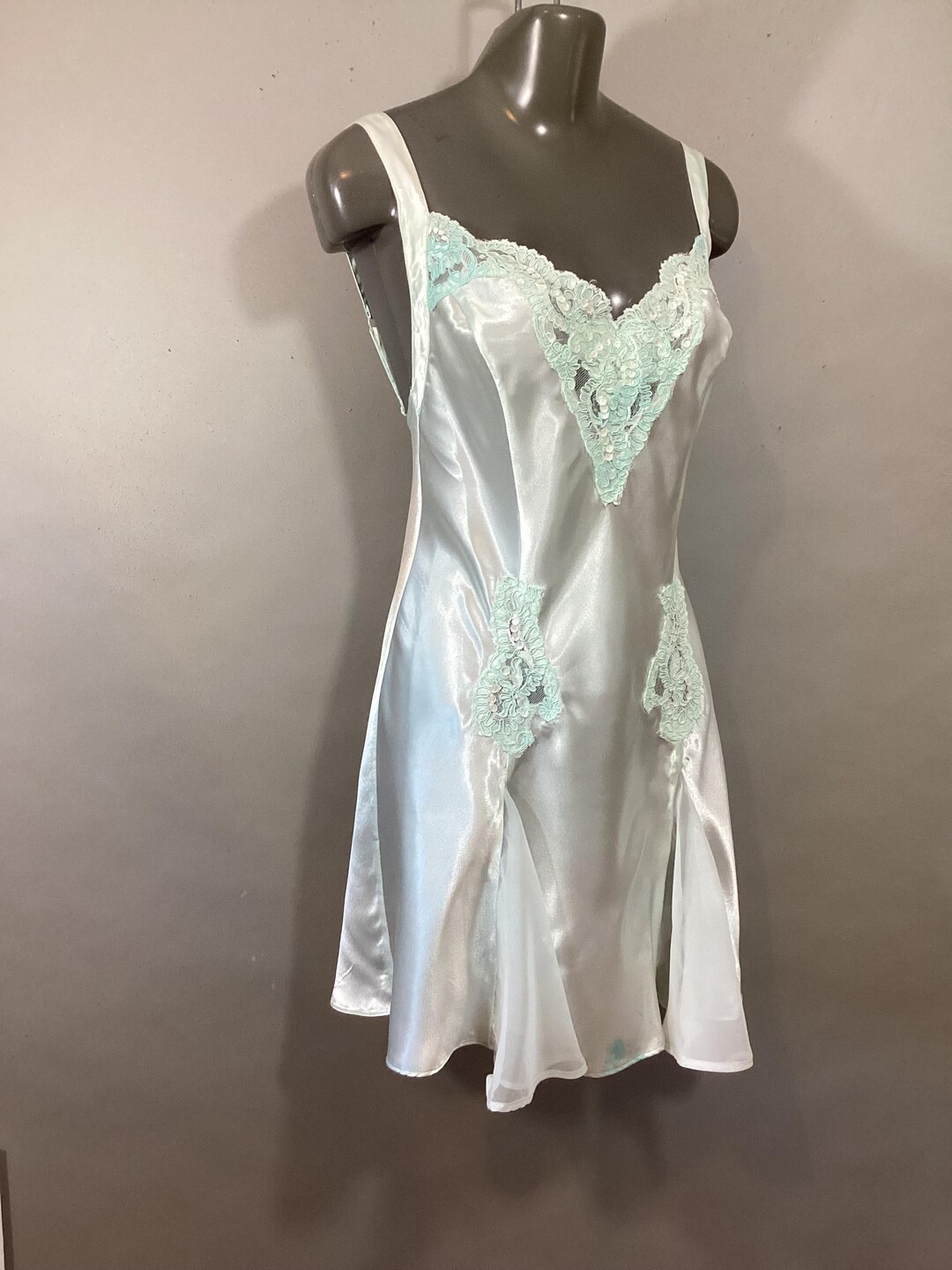 VICTORIA'S SECRET Lingerie, Light Blue Satin, Adjustable Straps, Gored Skirt W Tulle Inserts ...