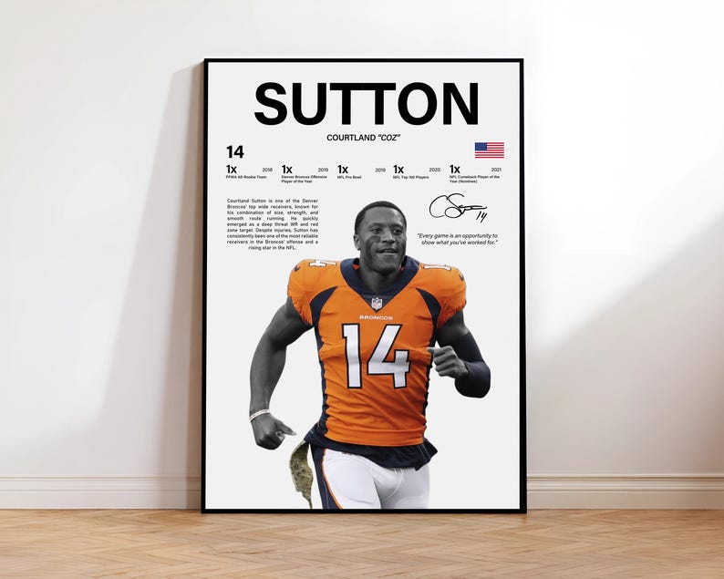 Courtland Sutton Poster, Denver Broncos Print, NFL Wall Art, Football ...