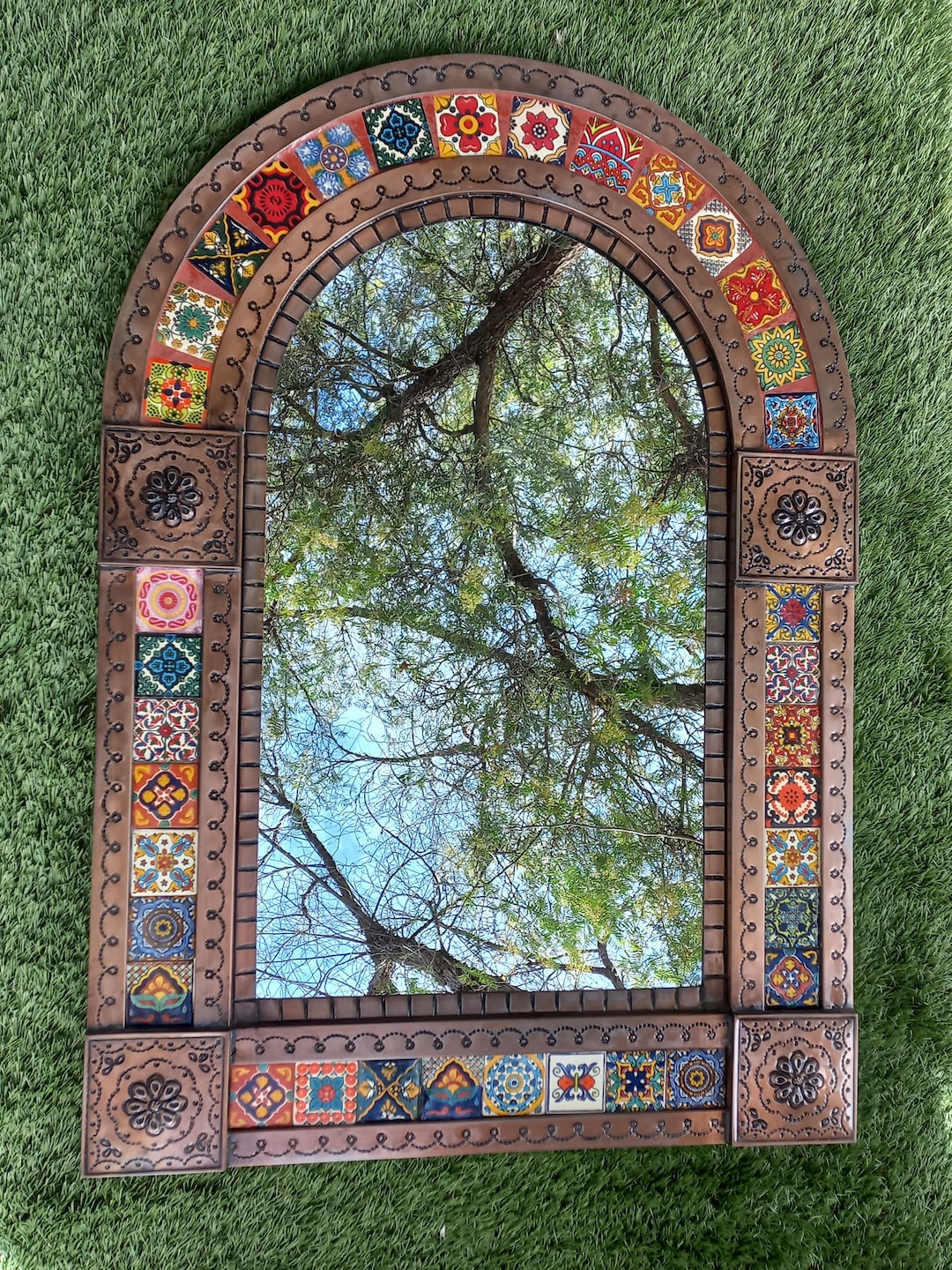 35" TIN MIRROR With Mixed Talavera Tile, Punched Tin, Mexican Embossed ...