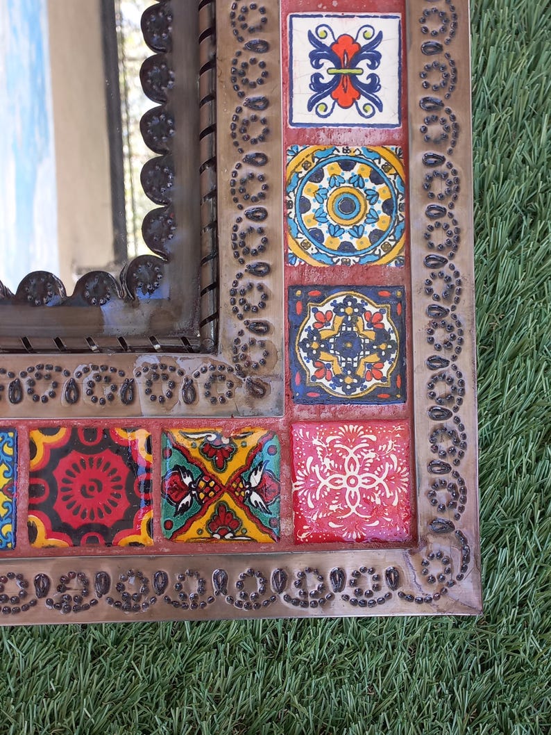 32" TIN MIRROR With Mixed Talavera Tile, Punched Tin, Mexican Embossed ...