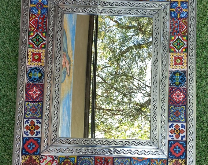 24" TIN MIRROR With Mixed Talavera Tile, Punched Tin, Mexican Embossed ...
