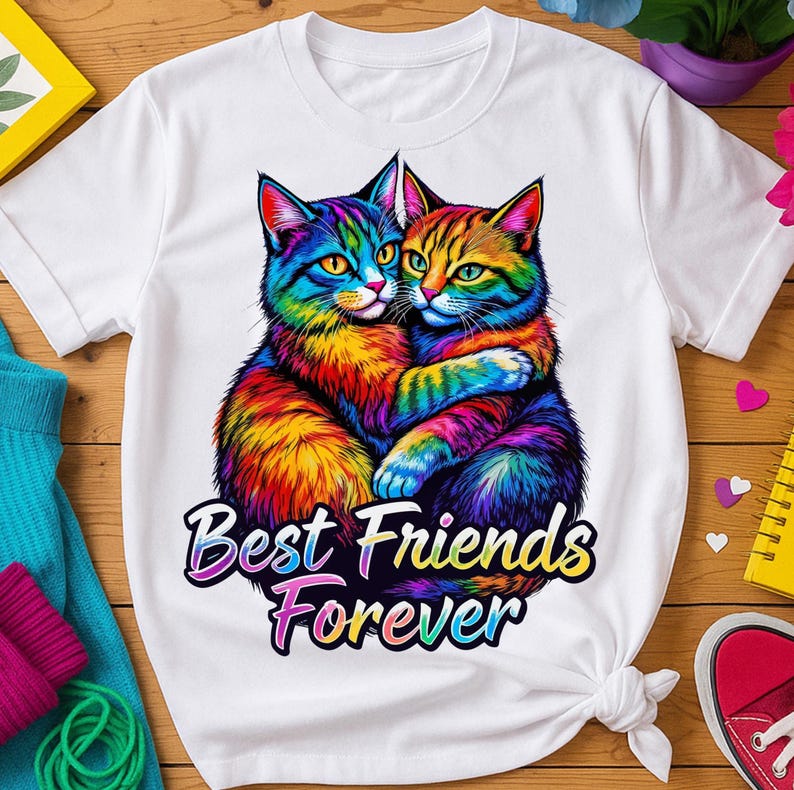 Best Friends Forever Rainbow Cats PNG | Colorful Cat Besties Hug BFF ...