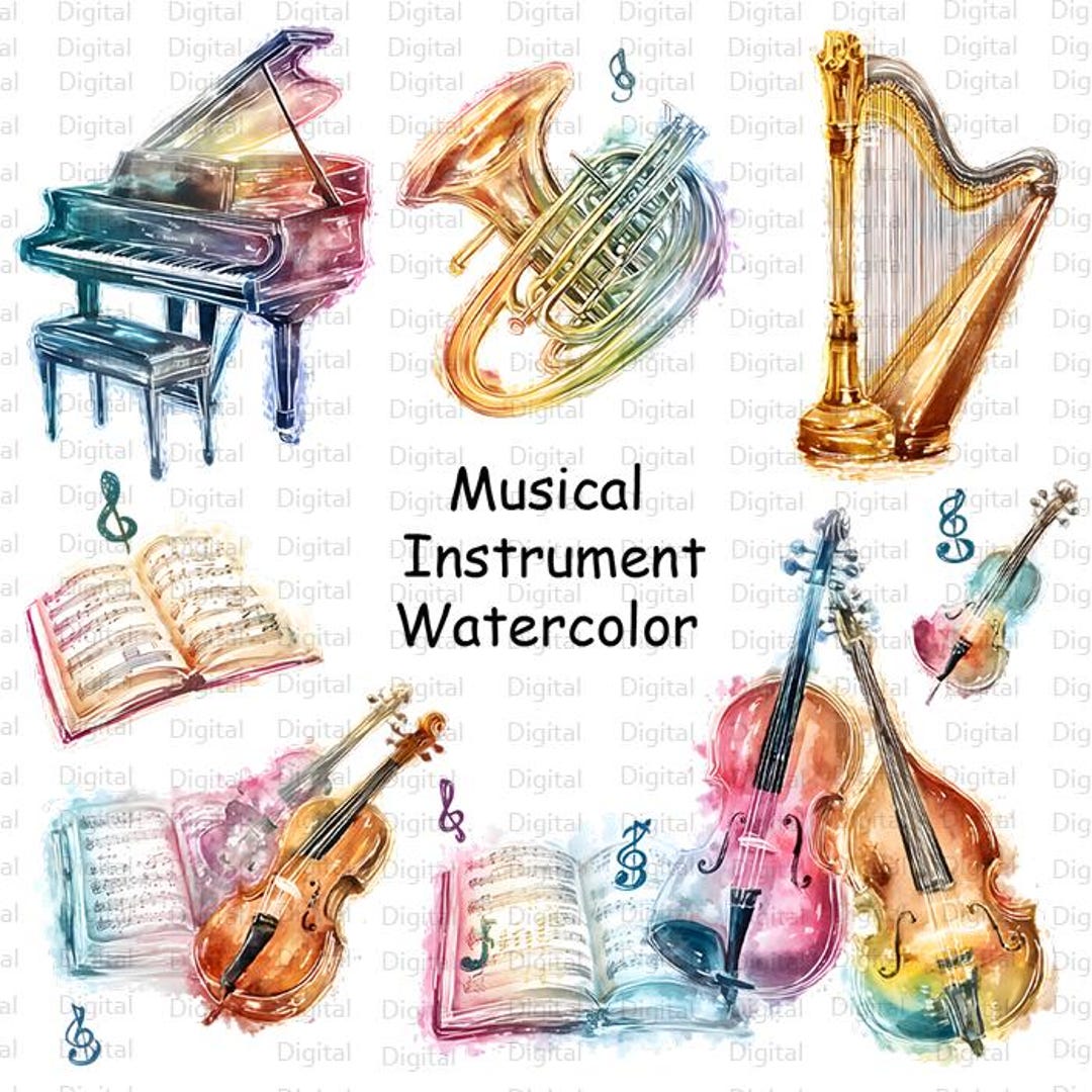 Watercolor Musical Instruments Clipart Bundle: Band PNG Graphics ...