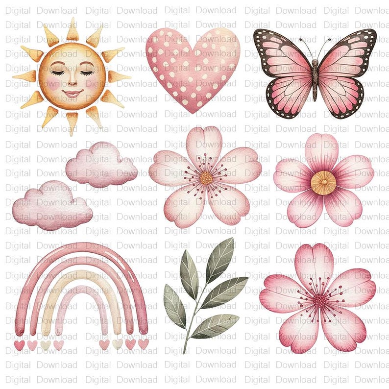 Boho Watercolor Clipart Bundle: Rainbow, Floral, Sun (digital PNG Files ...