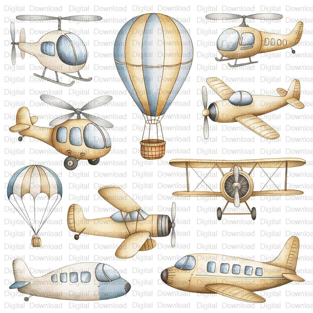 Watercolor Airplane Clipart Bundle: Rustic Nursery PNG Graphics ...