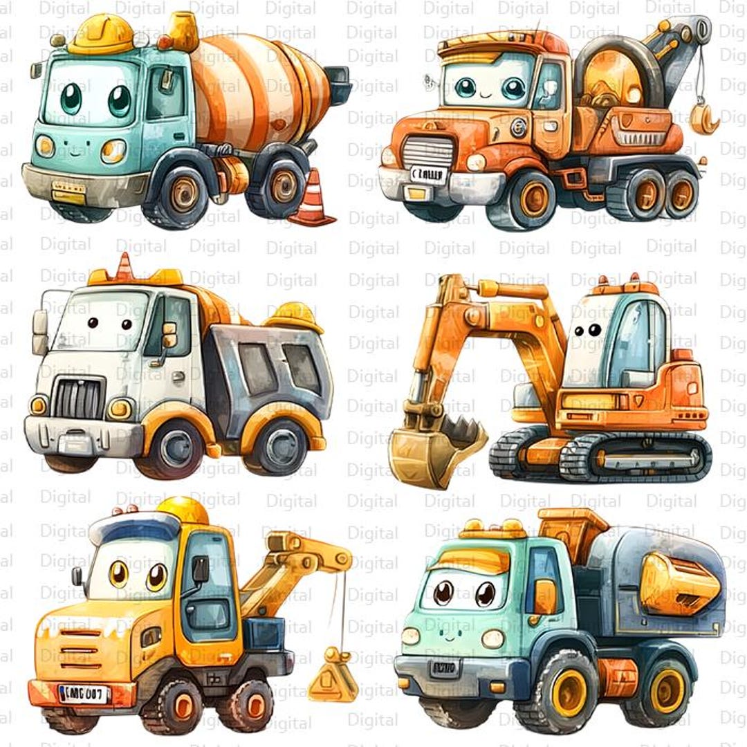 Watercolor Construction Vehicles Clipart Bundle: Nursery PNG Graphics ...