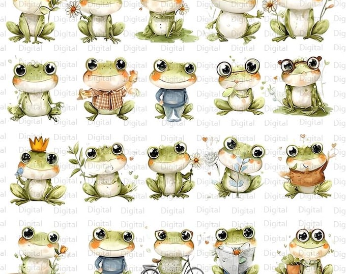 Printable Cute Frog, Little Frog Clipart, Watercolor Green Frogs Art ...