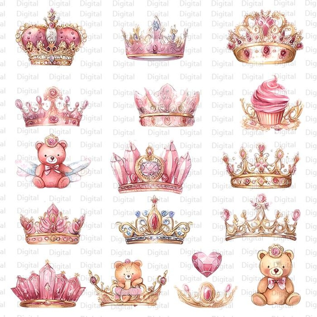 Pink Princess Crown Watercolor Clipart Set: Scepter PNG Graphics ...