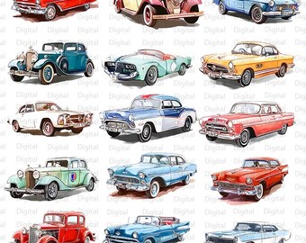 Watercolor Vintage Cars 70 PNG, Classic Vehicles Clipart Bundle, Retro ...