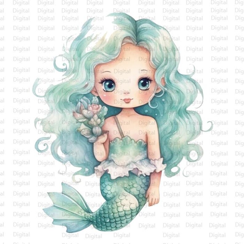 Watercolor Little Mermaid Clipart Bundle: Beach Elements PNG Graphics ...