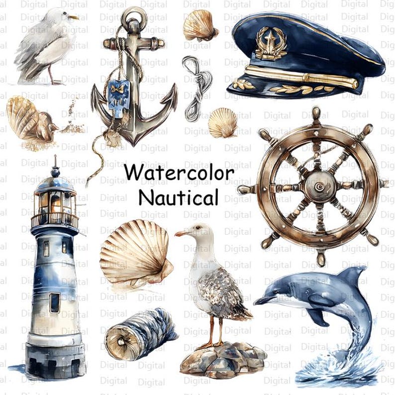 Watercolor Nautical Collection Clipart Bundle: Sea Life PNG Graphics ...