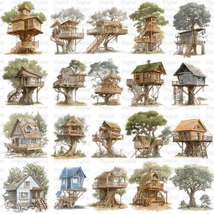 Watercolor Tree House Clipart Set: Treehouse PNG Graphics (digital ...