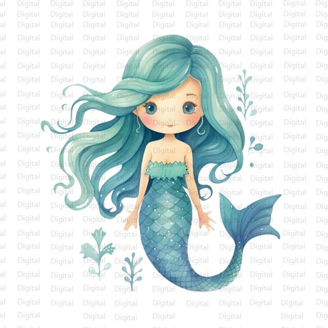 Watercolor Little Mermaid Clipart Bundle: Beach Elements PNG Graphics ...