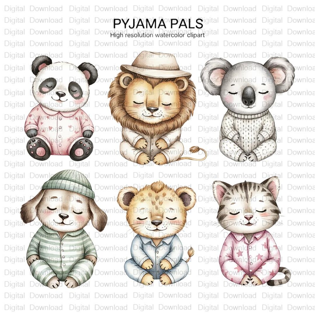 Animals in Pajamas Watercolor Clipart Bundle (PNG Digital Files) - Etsy