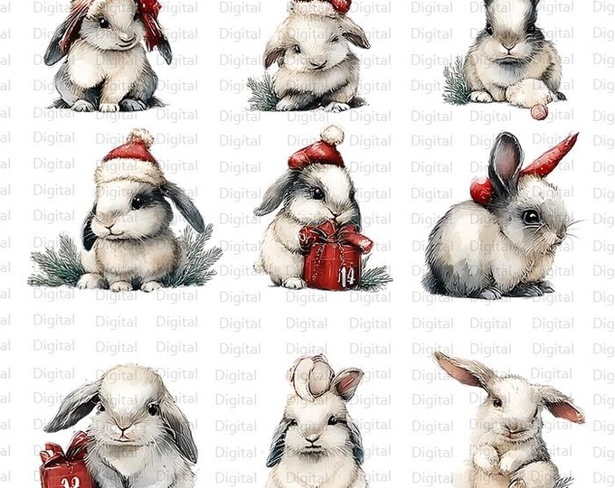 Cute Christmas Bunny Clipart - Watercolor Illustrations for Christmas ...