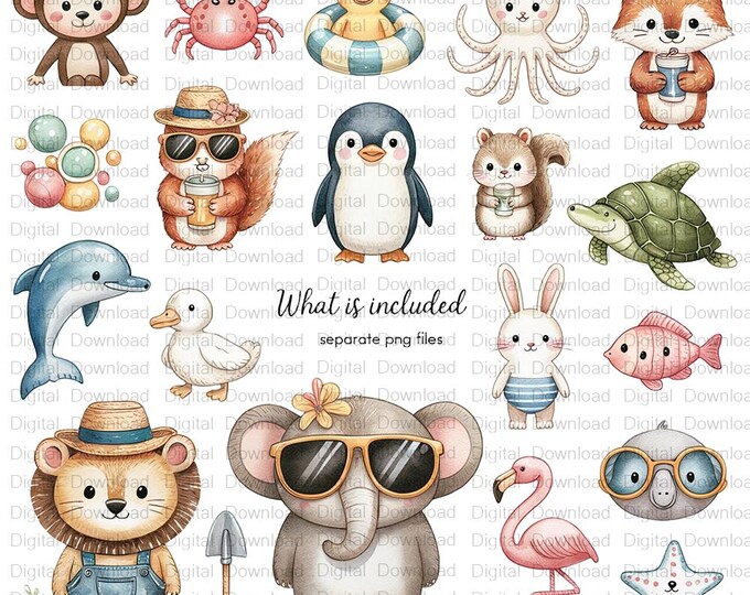 Summer Animals Clipart, Summer Beach PNG, Cute Animals Clipart, Ocean ...