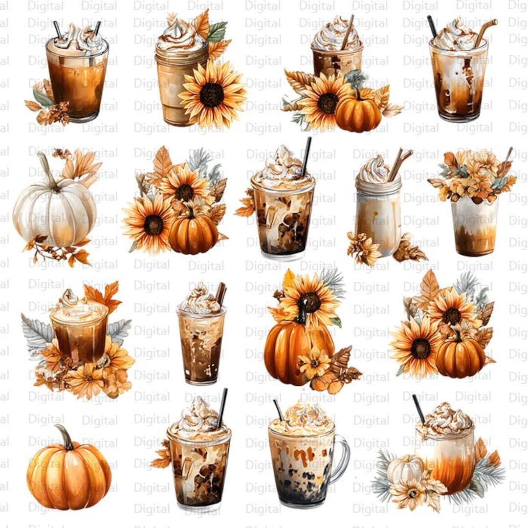 Watercolor Fall Coffee Clipart: Autumn Drink PNG Bundle (digital ...