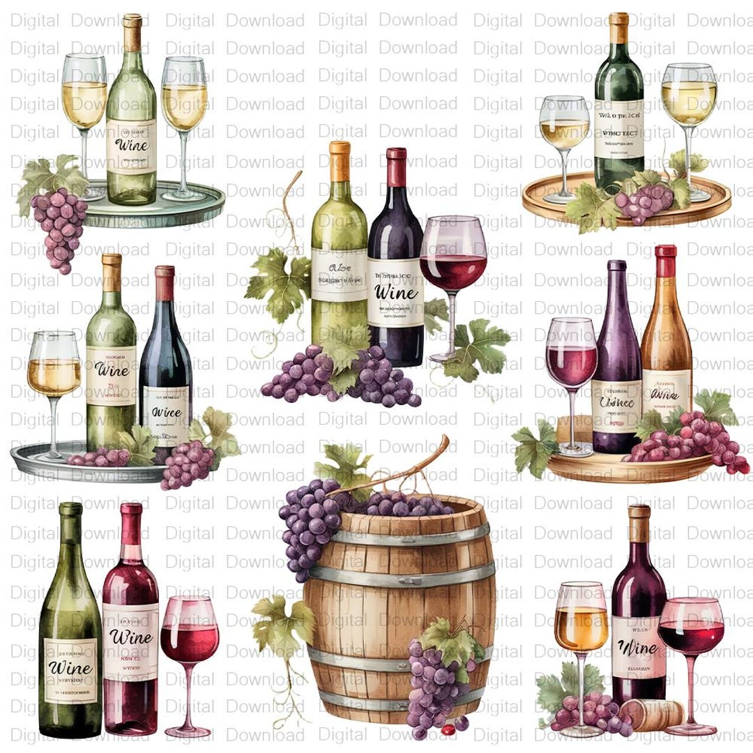 Watercolor Wine Clipart Set: Cocktails, Champagne, Bar Menu (PNG ...