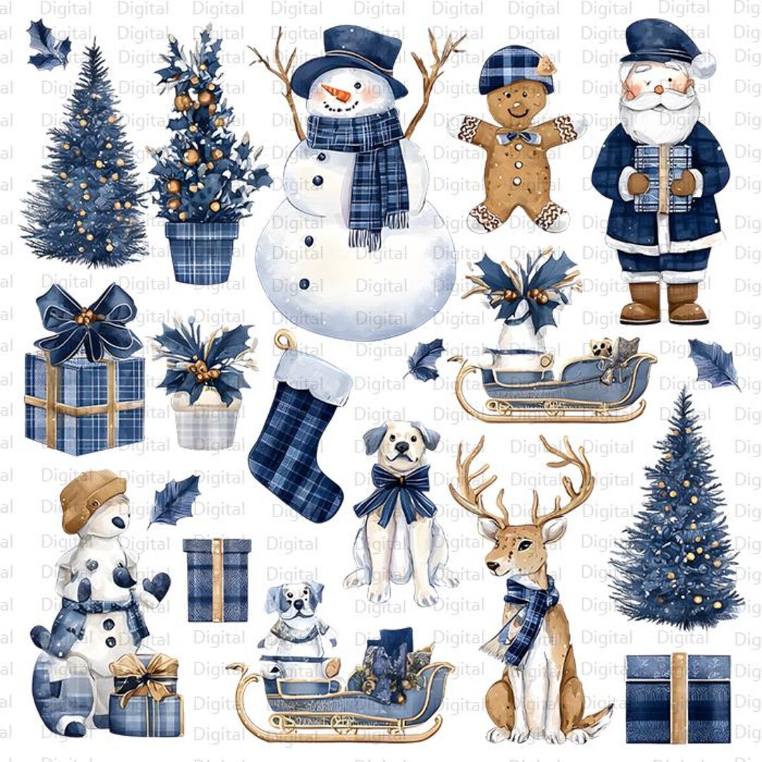 Navy Christmas Watercolor Clipart: Holiday PNG Bundle (digital Files ...