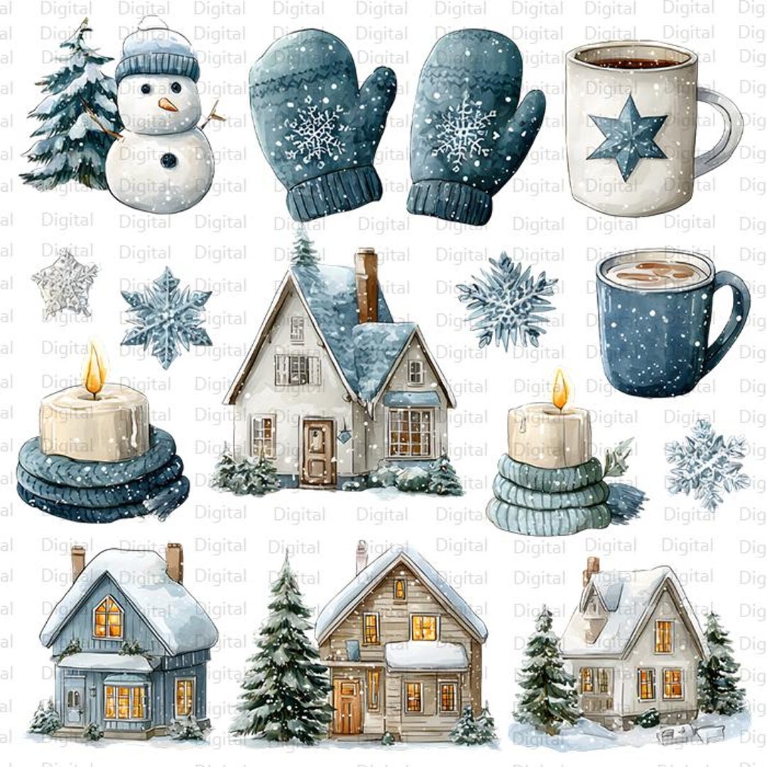 Blue Christmas Winter Watercolor Clipart: Cozy Season PNG Bundle ...