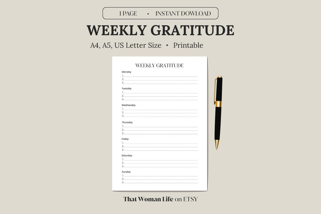 Weekly Gratitude Journal | Printable Gratitude Worksheet | 5-minute ...