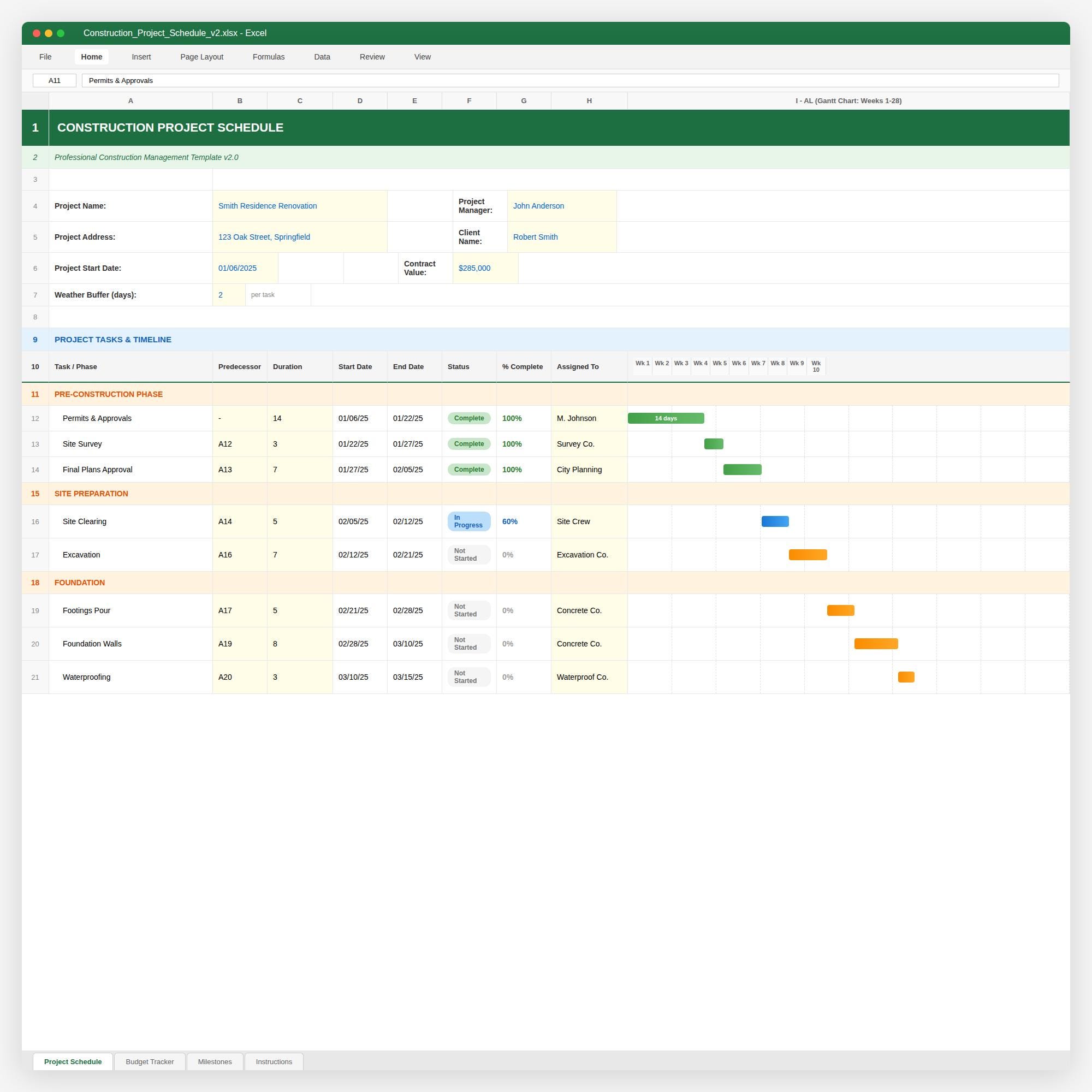 Construction Project Schedule Template | Gantt Chart Excel, Google ...