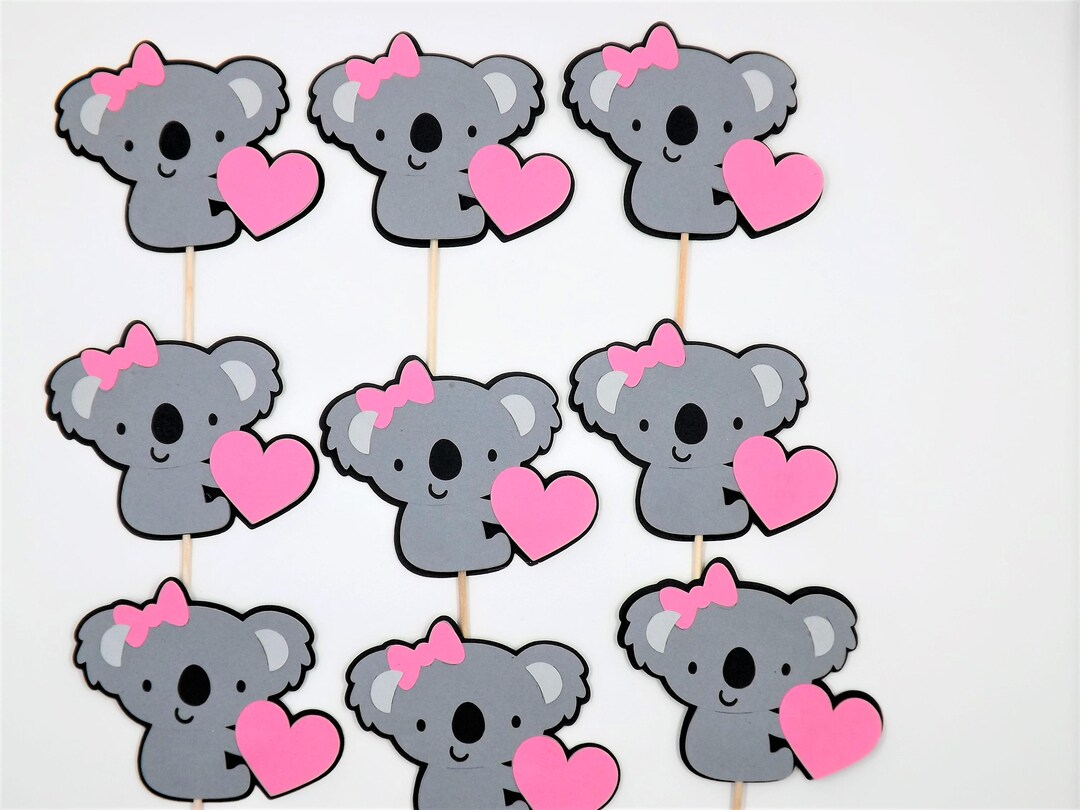 Koala Bear Cupcake Toppers, Pink Bow and Heart, Set of 10 - Etsy