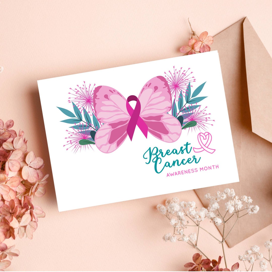 Breast Cancer Awareness Card Pink Ribbon Floral Butterfly Card With ...