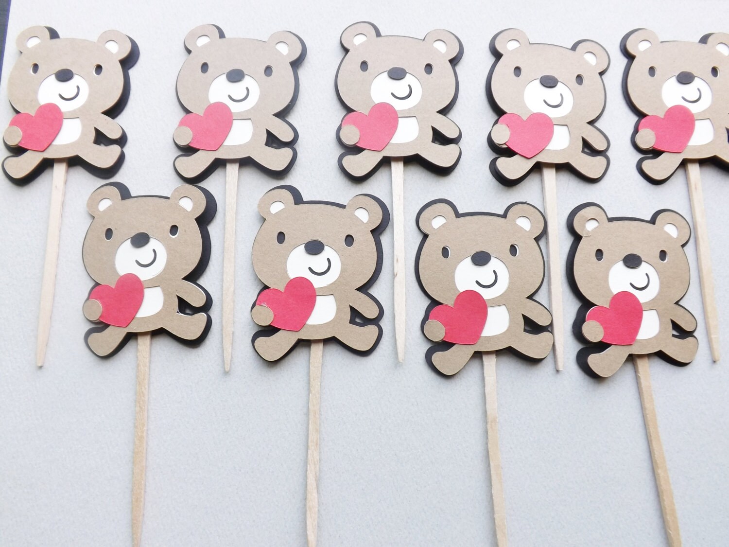 10 Teddy Bear Heart Cupcake Toppers, Cupcake Toppers, Centerpiece ...