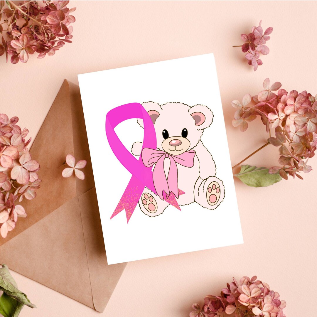Breast Cancer Awareness Card Pink Ribbon Teddy Bear Card With Envelope ...