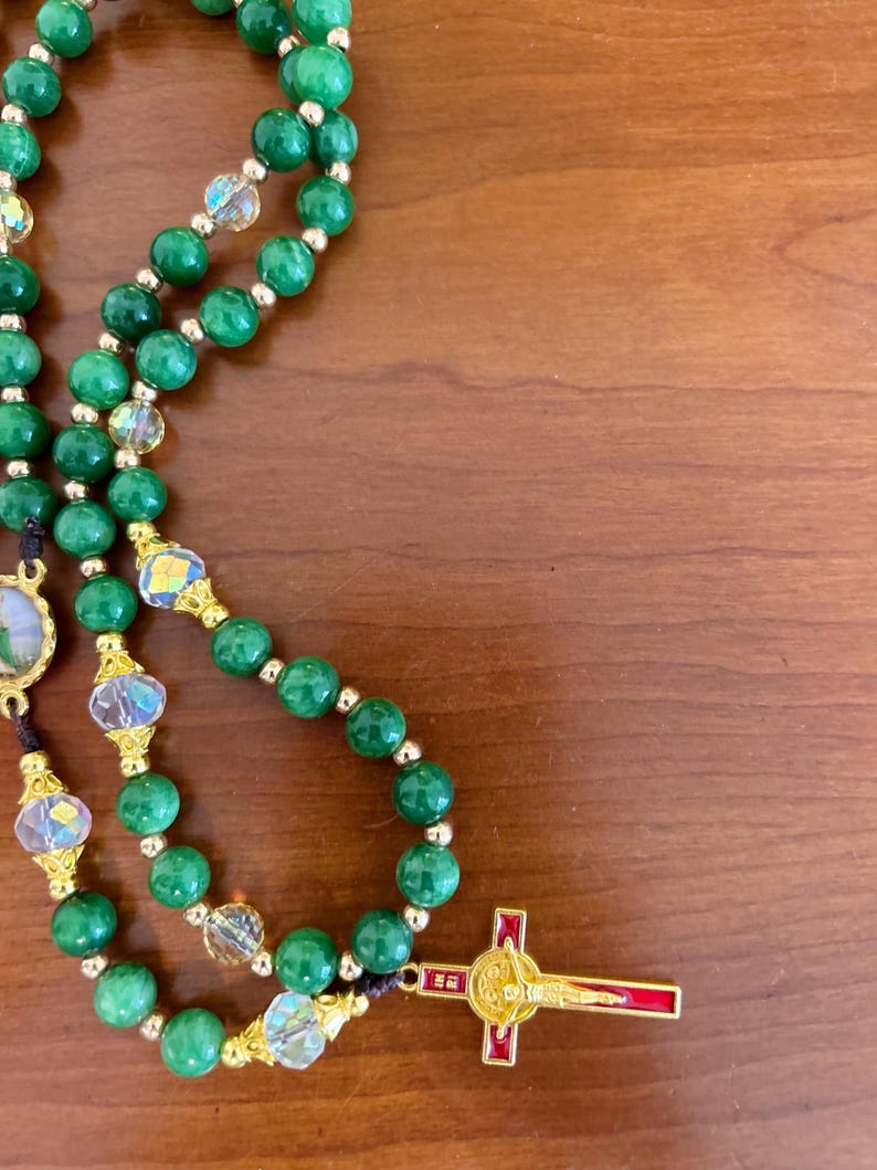 St. Jude Thaddeus Rosary | Green Glass Beads, Red Crucifix, Gold ...