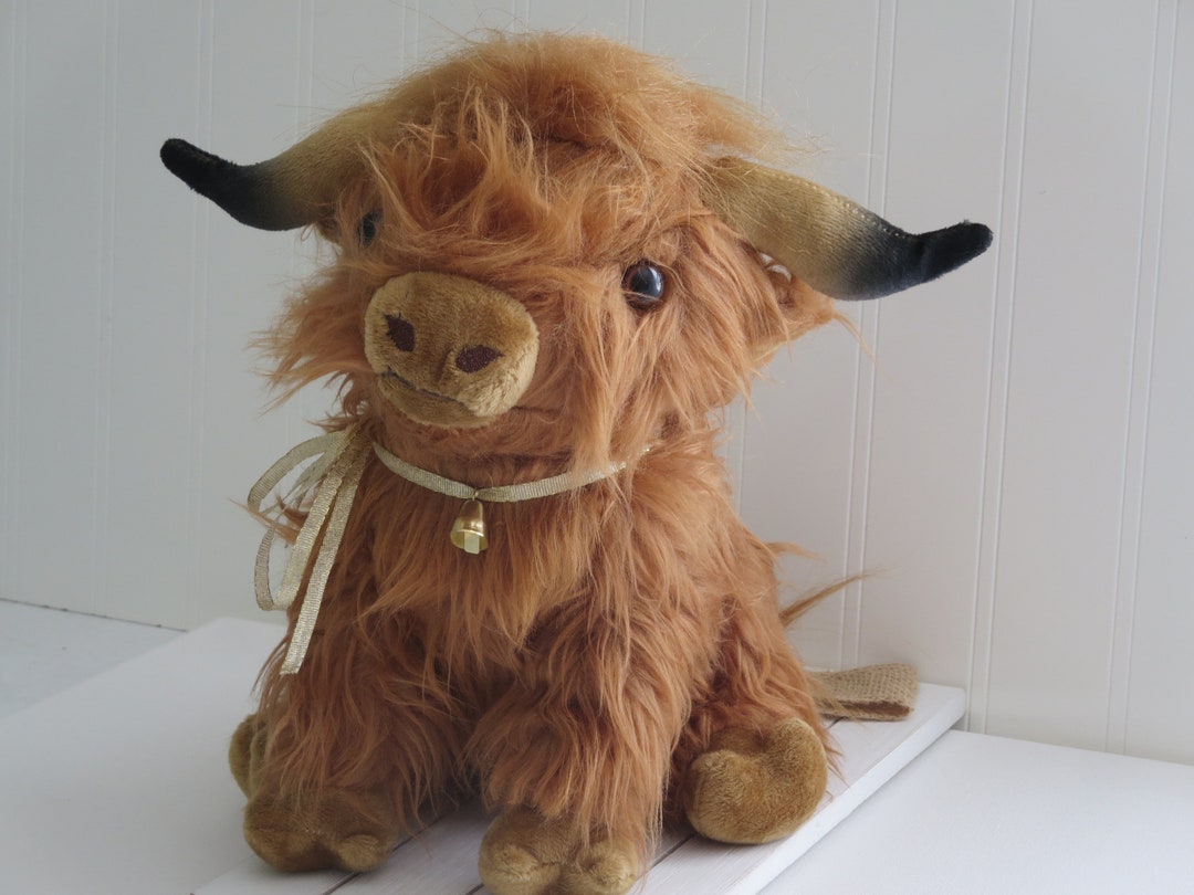 Highland Cow With Ringing Bell Cute Longhorn Plush Soft Fur Stuffed Toy ...