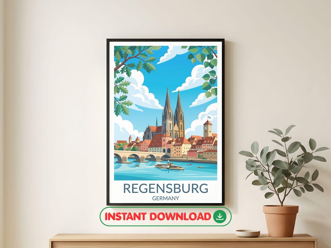 Regensburg Printable Poster, Vintage Stone Bridge Art, Retro German ...