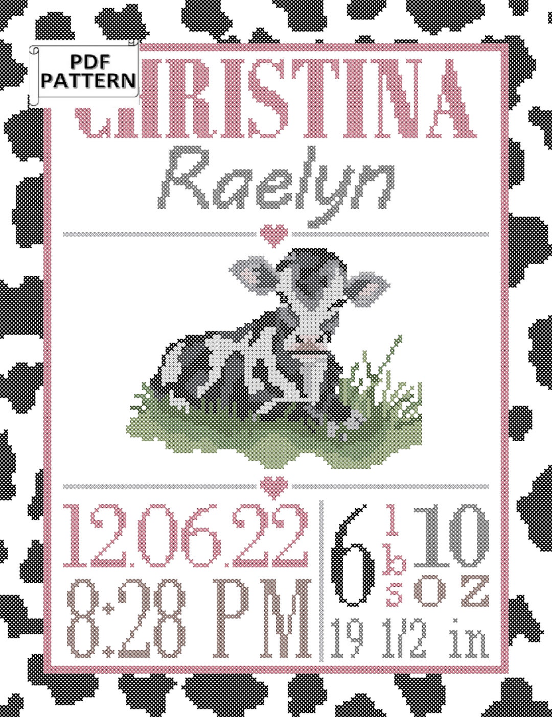 Cow Nursery Baby Birth Record Counted Cross Stitch PDF Chart - Etsy