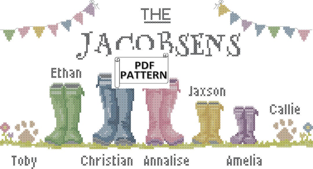 Family Name Sign With Wellies and Pet Paw Prints Counted Cross Stitch ...