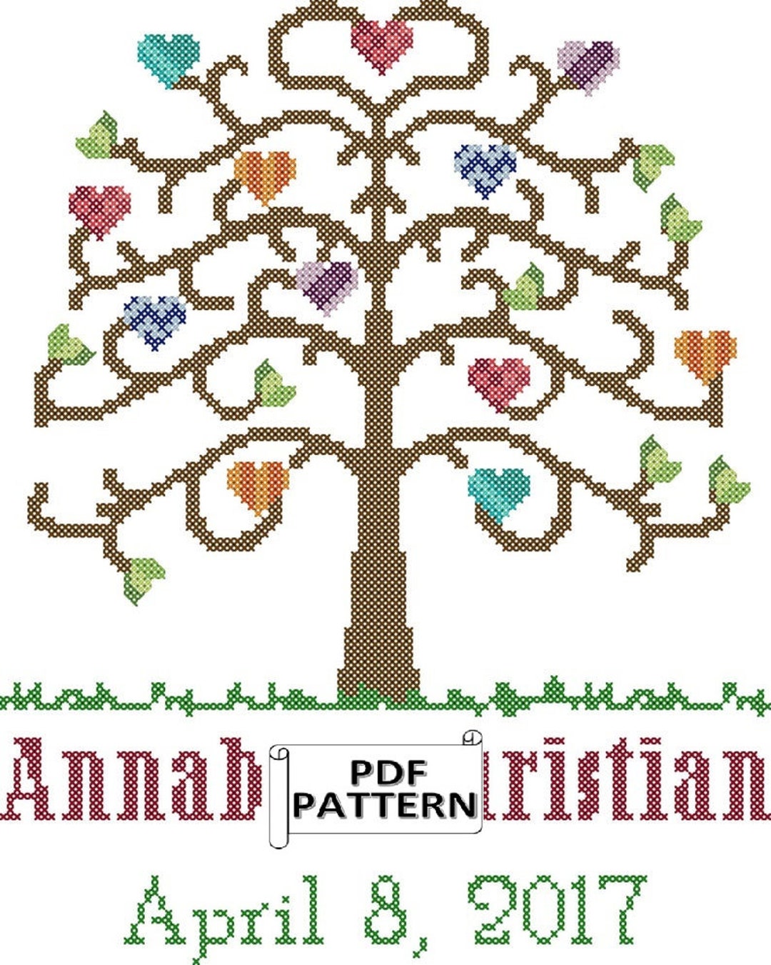 Modern Wedding Tree With Cute Hearts Counted Cross Stitch PDF Pattern ...