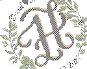 Modern Monogram Cross Stitch PDF Pattern With Leafy Heart | Etsy