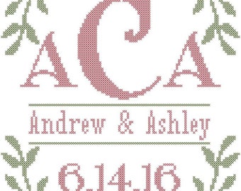 Modern Monogram Cross Stitch PDF Pattern With Leafy Heart | Etsy