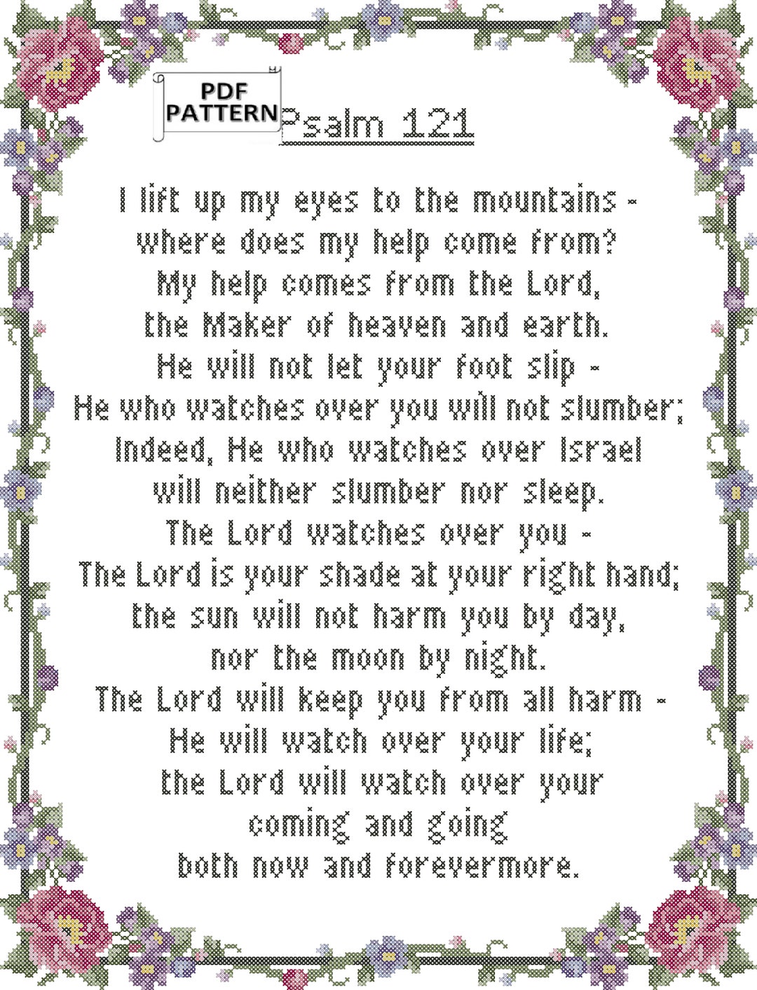 Psalm 121 Bible Verse Counted Cross Stitch PDF Pattern With Floral Vine ...
