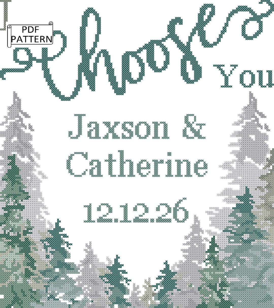 Evergreen Pine Trees Forest Wedding, I Choose You Counted Cross Stitch ...