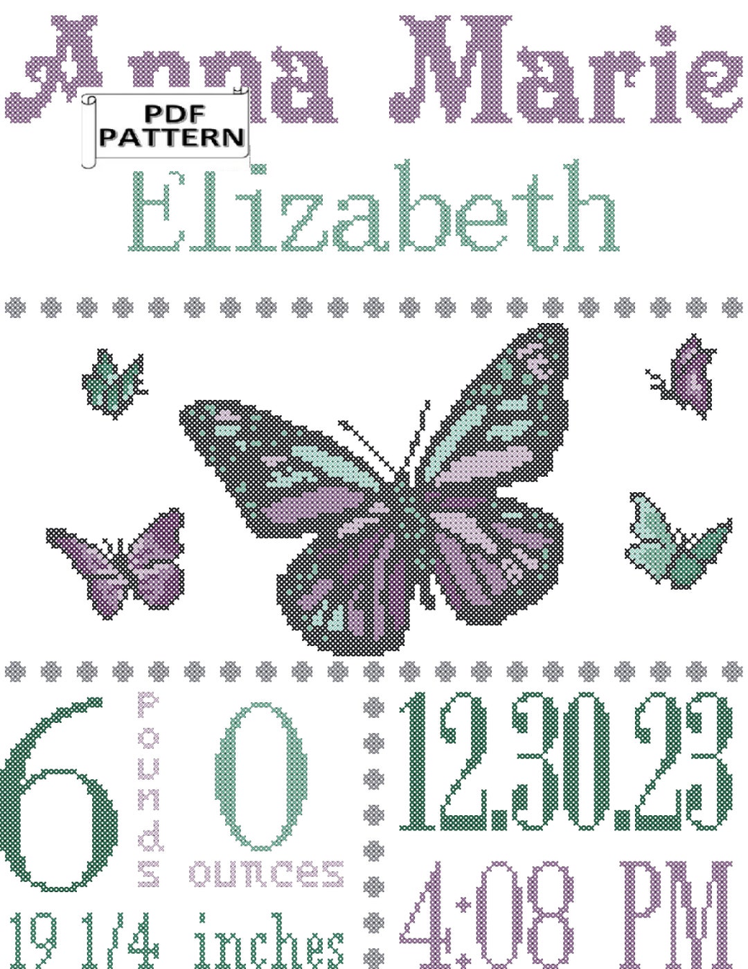 Butterfly Baby Birth Record Counted Cross Stitch PDF Pattern, Butterfly ...