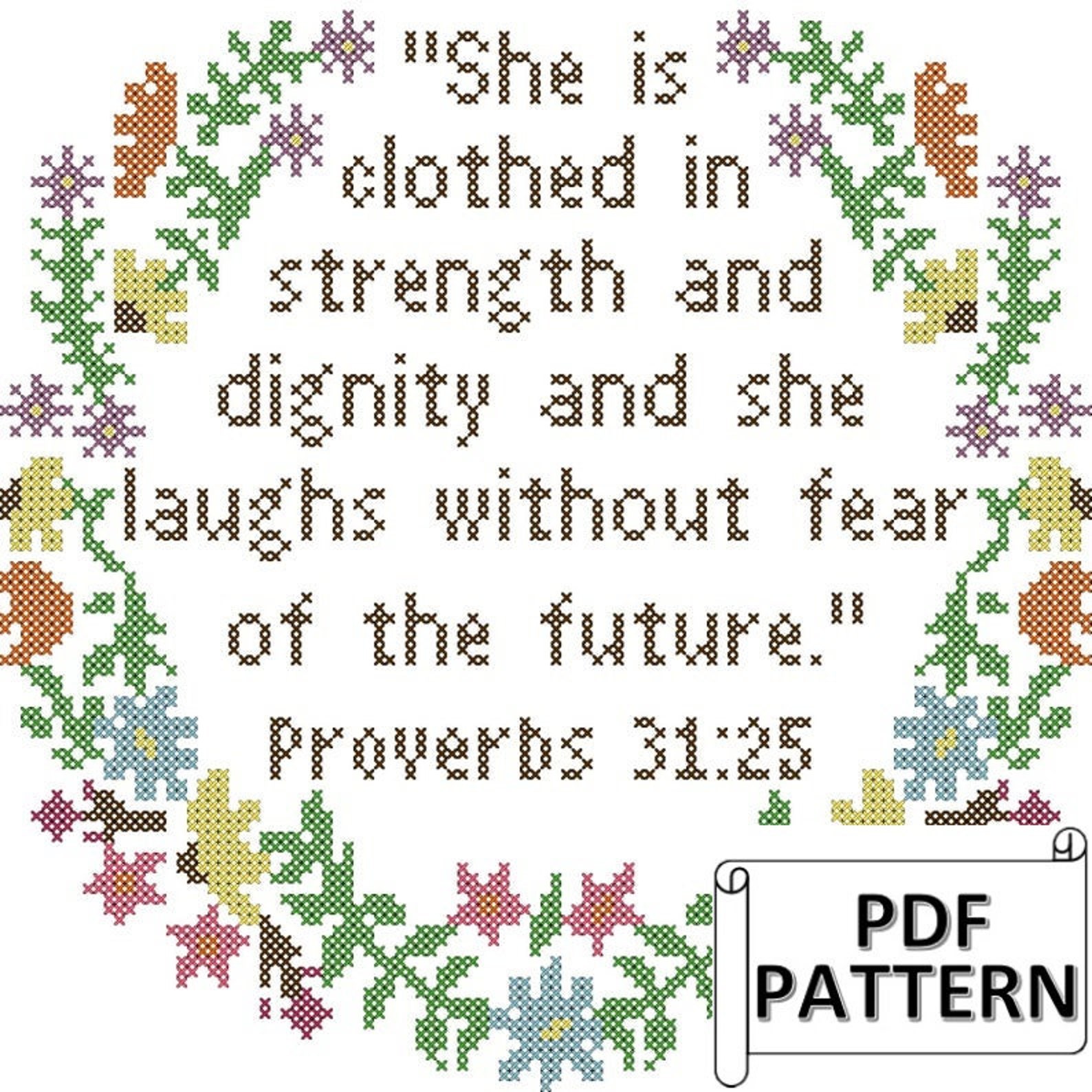 Modern Religious Bible Verse Cross Stitch PDF Chart -she is Clothed in ...