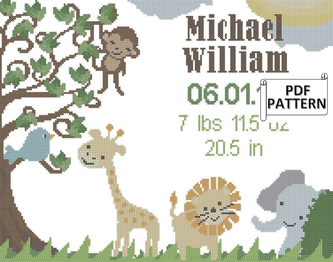 Jungle Animal Baby Birth Record Cross Stitch Pattern (PDF) - Etsy