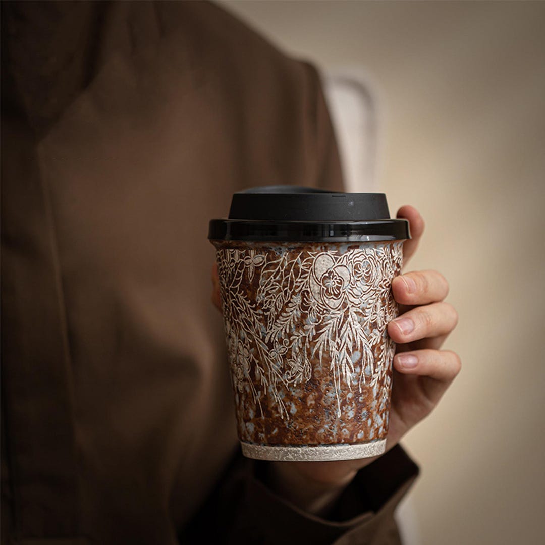 Handmade Engraved Ceramic Travel Coffee Mug With Lid – 11oz Old Clay ...