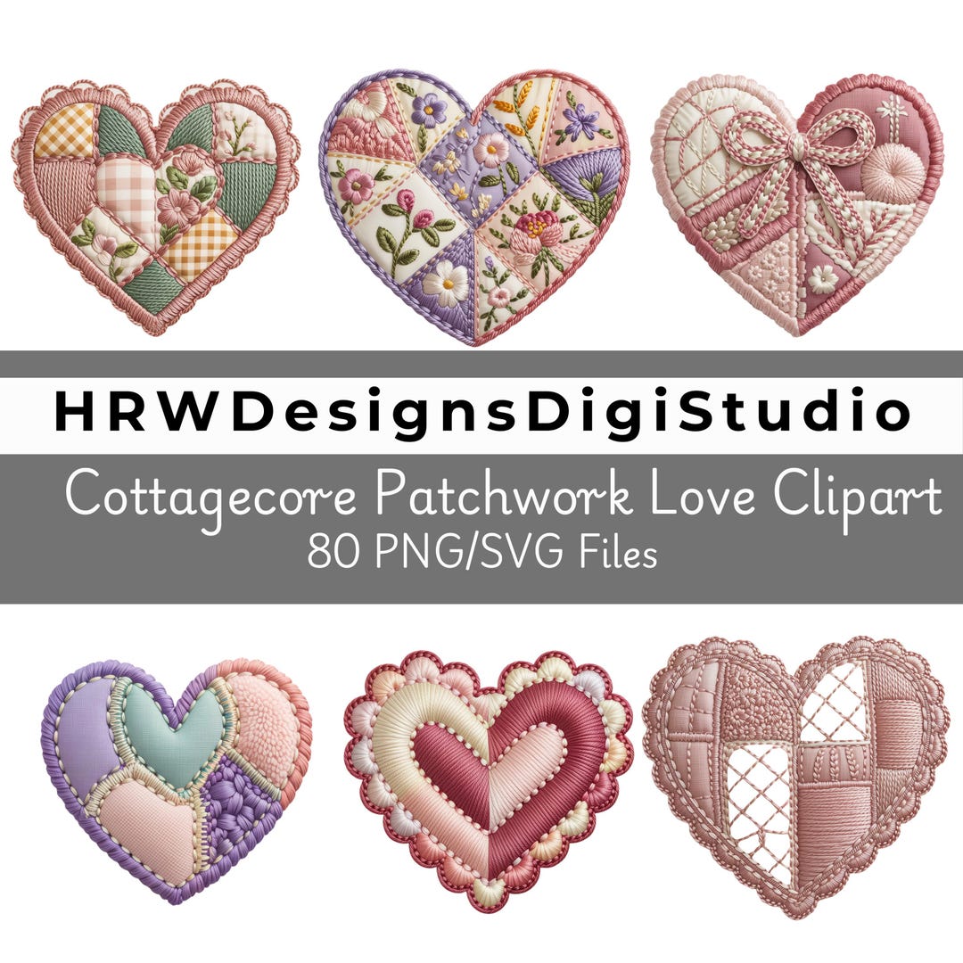 Grandmillennial Cottagecore Crochet Patchwork Clipart, Floral Heart PNG ...