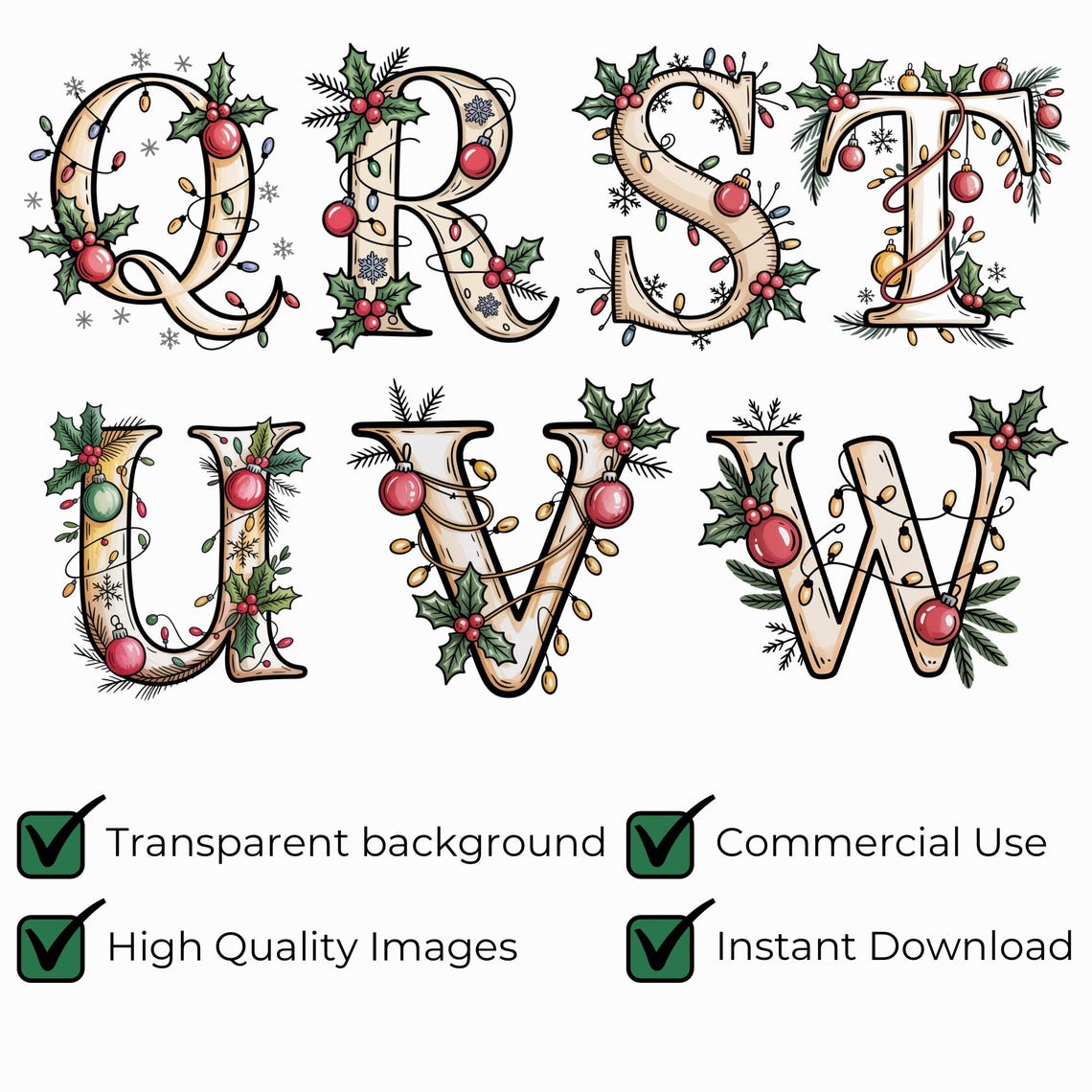 Christmas Lights Alphabet Clipart, Holly Letter PNG SVG Set, Xmas ...