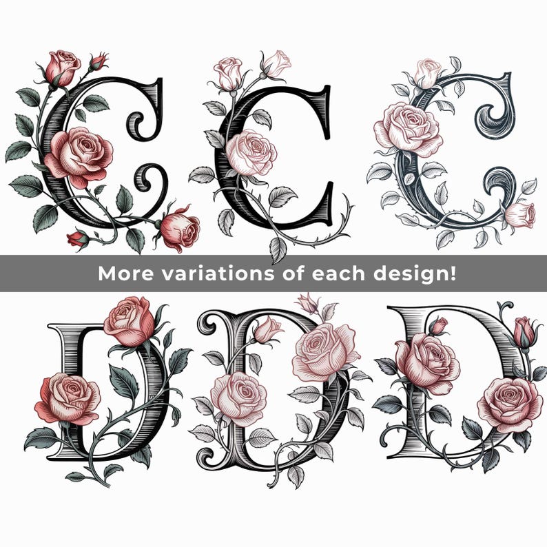 Gothic Rose Alphabet Clipart, Dark Vintage Engraved Letters PNG SVG ...